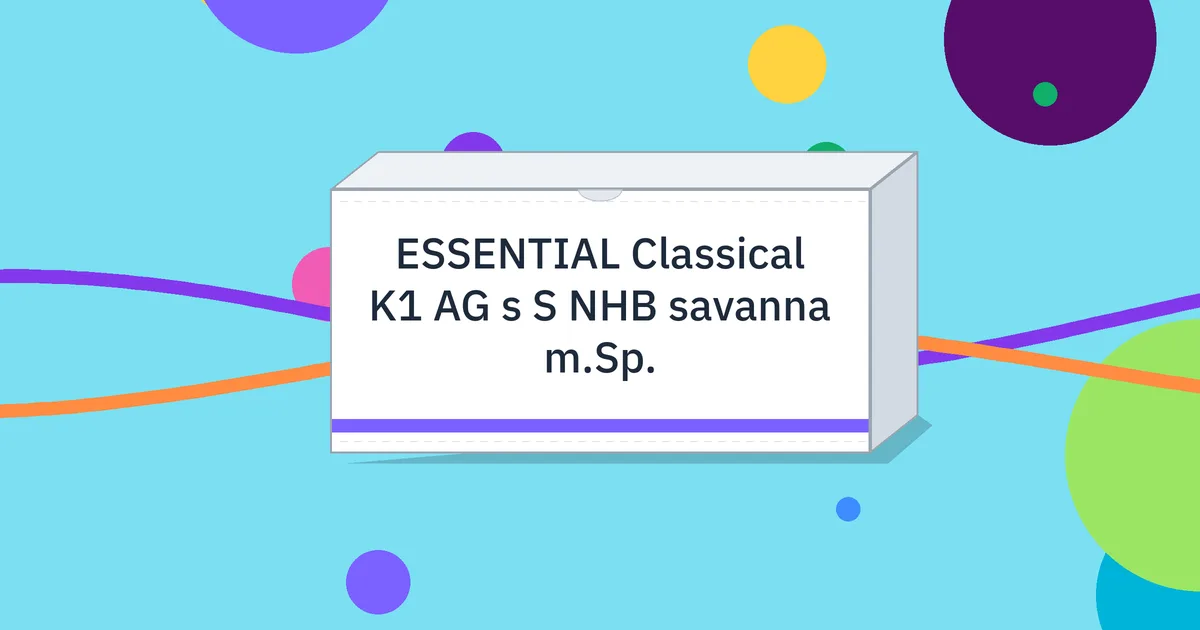 Symbolbild: Packung mit der Aufschrift ESSENTIAL Classical K1 AG s S NHB savanna m.Sp. (PZN 17002931) – Verfügbarkeit und Bezug in Apotheken in Frankfurt am Main