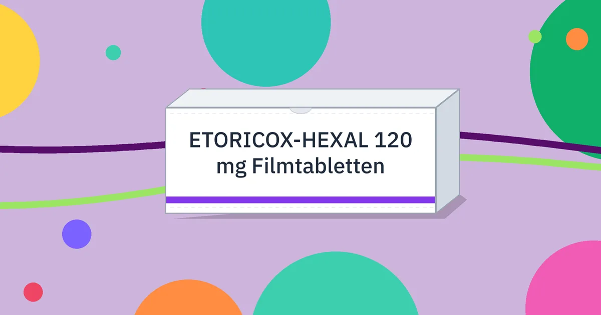 Symbolbild: Packung mit der Aufschrift ETORICOX-HEXAL 120 mg Filmtabletten (PZN 11872341) – Verfügbarkeit und Bezug in Apotheken in Frankfurt am Main