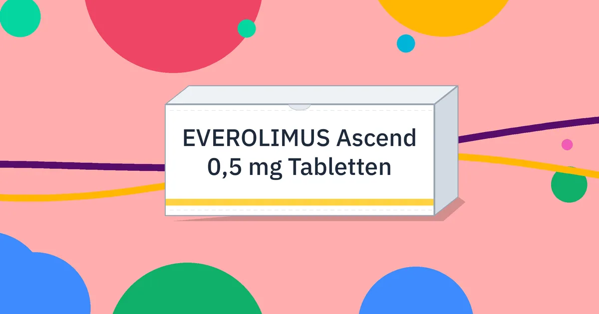 Symbolbild: Packung mit der Aufschrift EVEROLIMUS Ascend 0,5 mg Tabletten (PZN 18425674) – Verfügbarkeit und Bezug in Apotheken in Frankfurt am Main