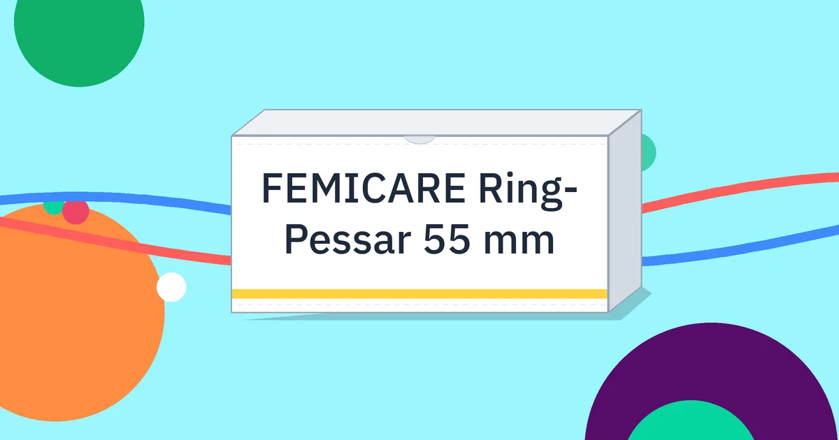 Symbolbild: Packung mit der Aufschrift FEMICARE Ring-Pessar 55 mm (PZN 19336010) – Verfügbarkeit und Bezug in Apotheken in Frankfurt am Main