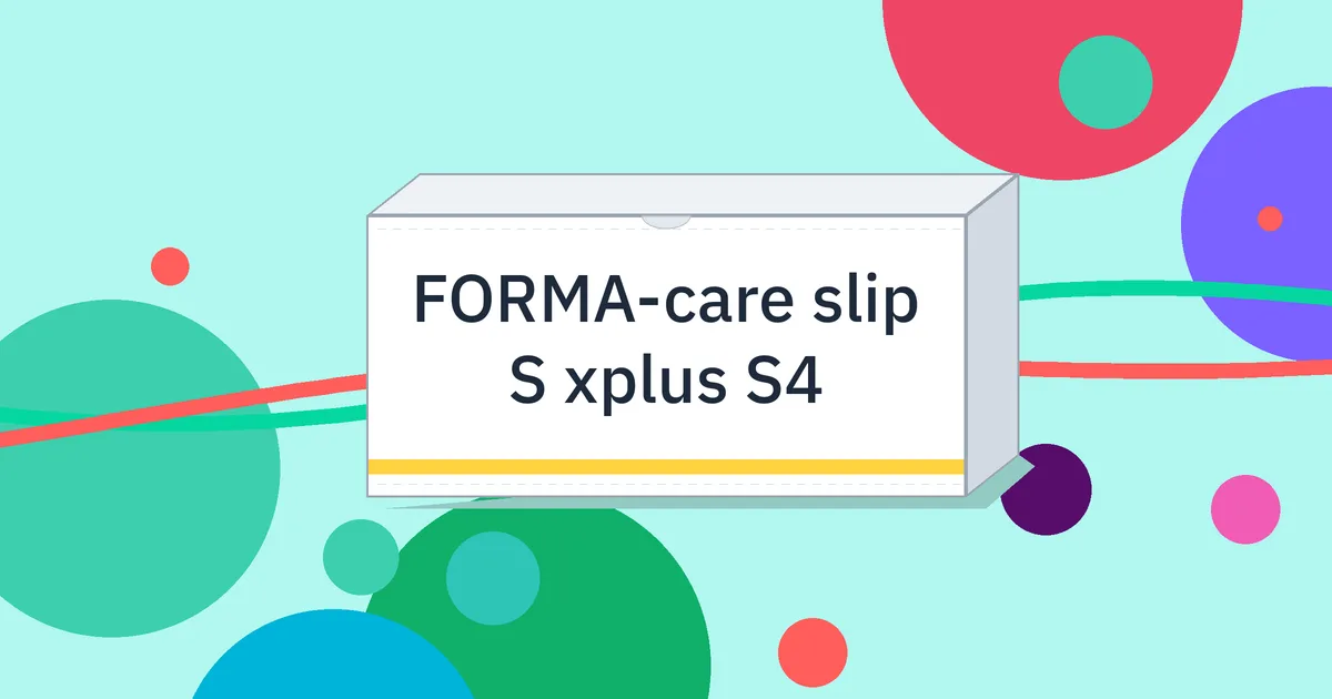 Symbolbild: Packung mit der Aufschrift FORMA-care slip S xplus S4 (PZN 02335408) – Verfügbarkeit und Bezug in Apotheken in Frankfurt am Main