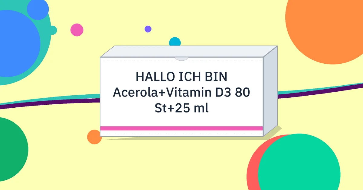 Symbolbild: Packung mit der Aufschrift HALLO ICH BIN Acerola+Vitamin D3 80 St+25 ml (PZN 16013826) – Verfügbarkeit und Bezug in Apotheken in Frankfurt am Main