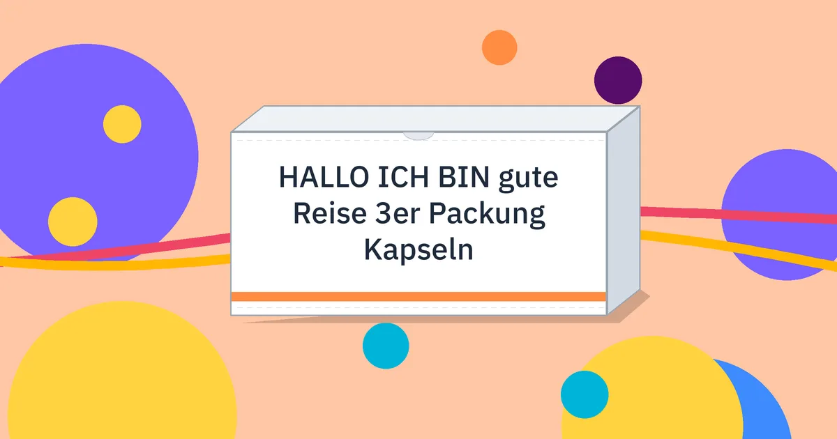 Symbolbild: Packung mit der Aufschrift HALLO ICH BIN gute Reise 3er Packung Kapseln (PZN 16010868) – Verfügbarkeit und Bezug in Apotheken in Frankfurt am Main