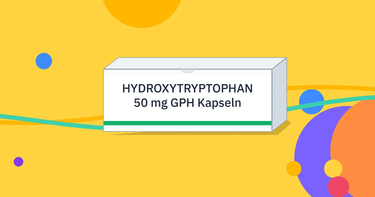 Symbolbild: Packung mit der Aufschrift HYDROXYTRYPTOPHAN 50 mg GPH Kapseln (PZN 09380062) – Verfügbarkeit und Bezug in Apotheken in Frankfurt am Main