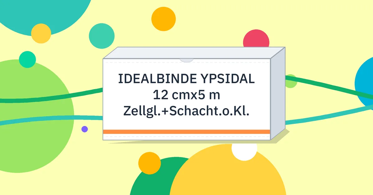 Symbolbild: Packung mit der Aufschrift IDEALBINDE YPSIDAL 12 cmx5 m Zellgl.+Schacht.o.Kl. (PZN 03193778) – Verfügbarkeit und Bezug in Apotheken in Frankfurt am Main