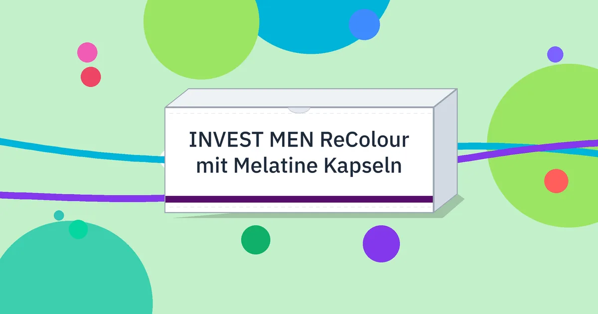 Symbolbild: Packung mit der Aufschrift INVEST MEN ReColour mit Melatine Kapseln (PZN 17195551) – Verfügbarkeit und Bezug in Apotheken in Frankfurt am Main
