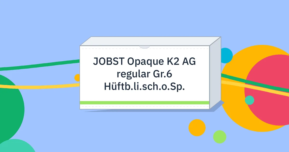 Symbolbild: Packung mit der Aufschrift JOBST Opaque K2 AG regular Gr.6 Hüftb.li.sch.o.Sp. (PZN 13116336) – Verfügbarkeit und Bezug in Apotheken in Frankfurt am Main
