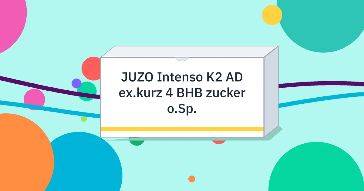 Symbolbild: Packung mit der Aufschrift JUZO Intenso K2 AD ex.kurz 4 BHB zucker o.Sp. (PZN 18625396) – Verfügbarkeit und Bezug in Apotheken in Frankfurt am Main