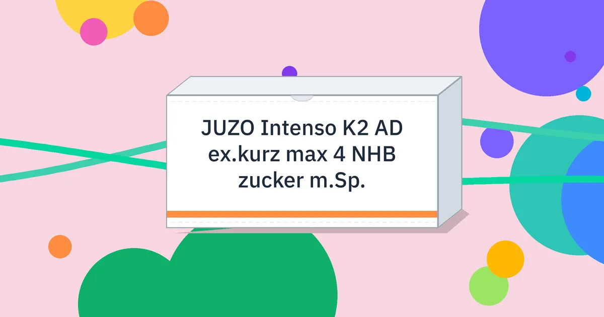 Symbolbild: Packung mit der Aufschrift JUZO Intenso K2 AD ex.kurz max 4 NHB zucker m.Sp. (PZN 18610124) – Verfügbarkeit und Bezug in Apotheken in Frankfurt am Main