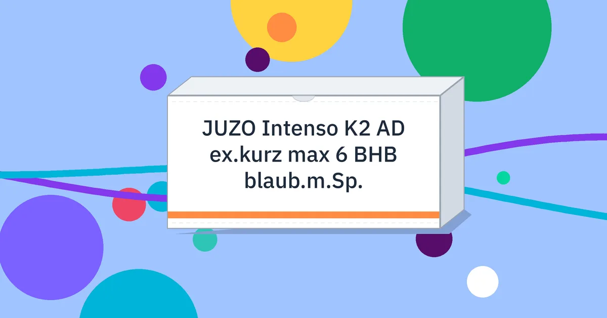 Symbolbild: Packung mit der Aufschrift JUZO Intenso K2 AD ex.kurz max 6 BHB blaub.m.Sp. (PZN 18614004) – Verfügbarkeit und Bezug in Apotheken in Frankfurt am Main