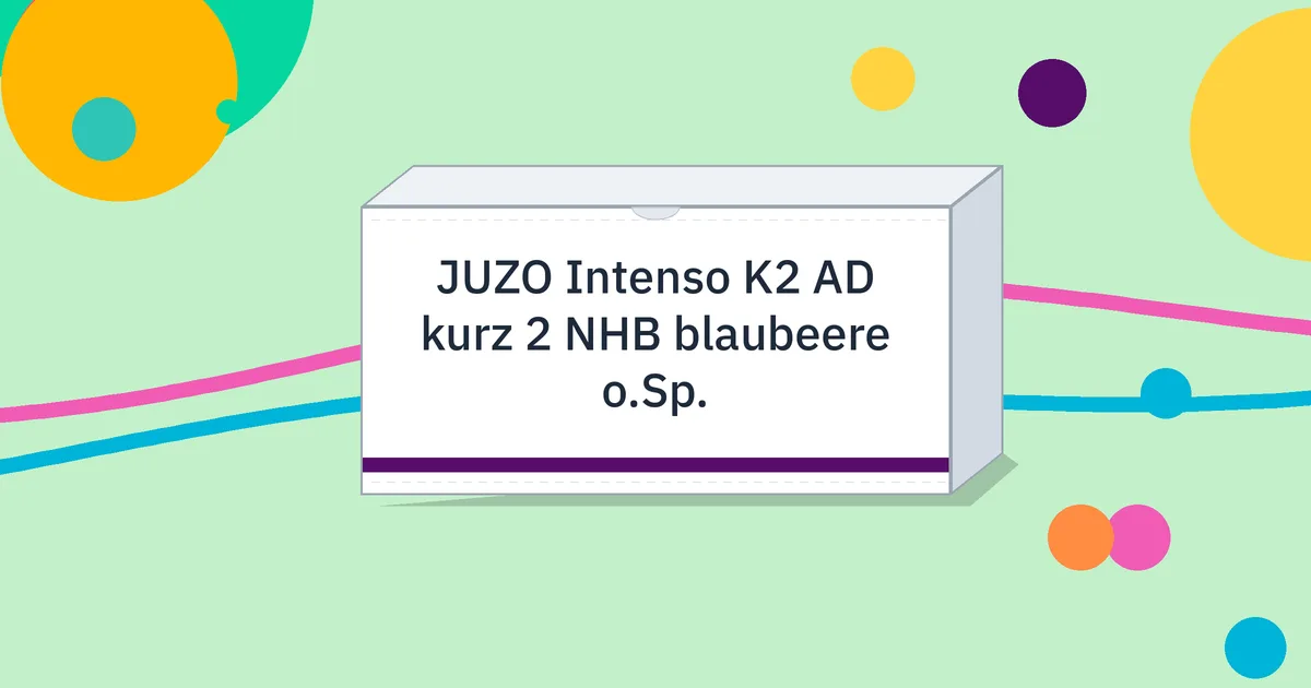Symbolbild: Packung mit der Aufschrift JUZO Intenso K2 AD kurz 2 NHB blaubeere o.Sp. (PZN 18621582) – Verfügbarkeit und Bezug in Apotheken in Frankfurt am Main