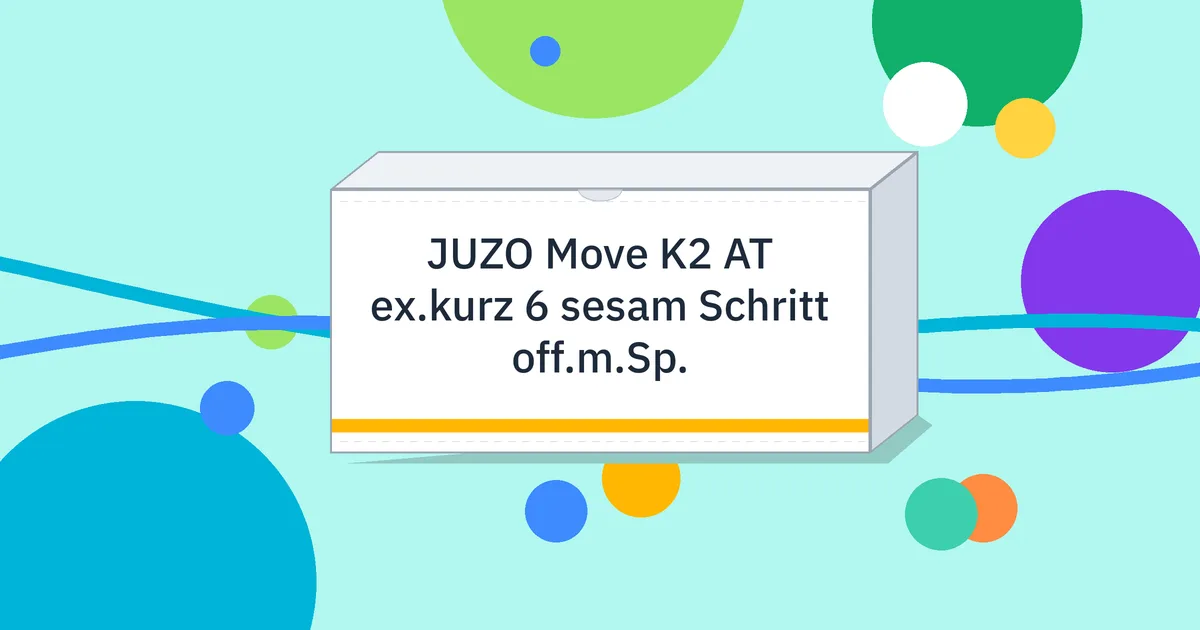 Symbolbild: Packung mit der Aufschrift JUZO Move K2 AT ex.kurz 6 sesam Schritt off.m.Sp. (PZN 20671305) – Verfügbarkeit und Bezug in Apotheken in Frankfurt am Main