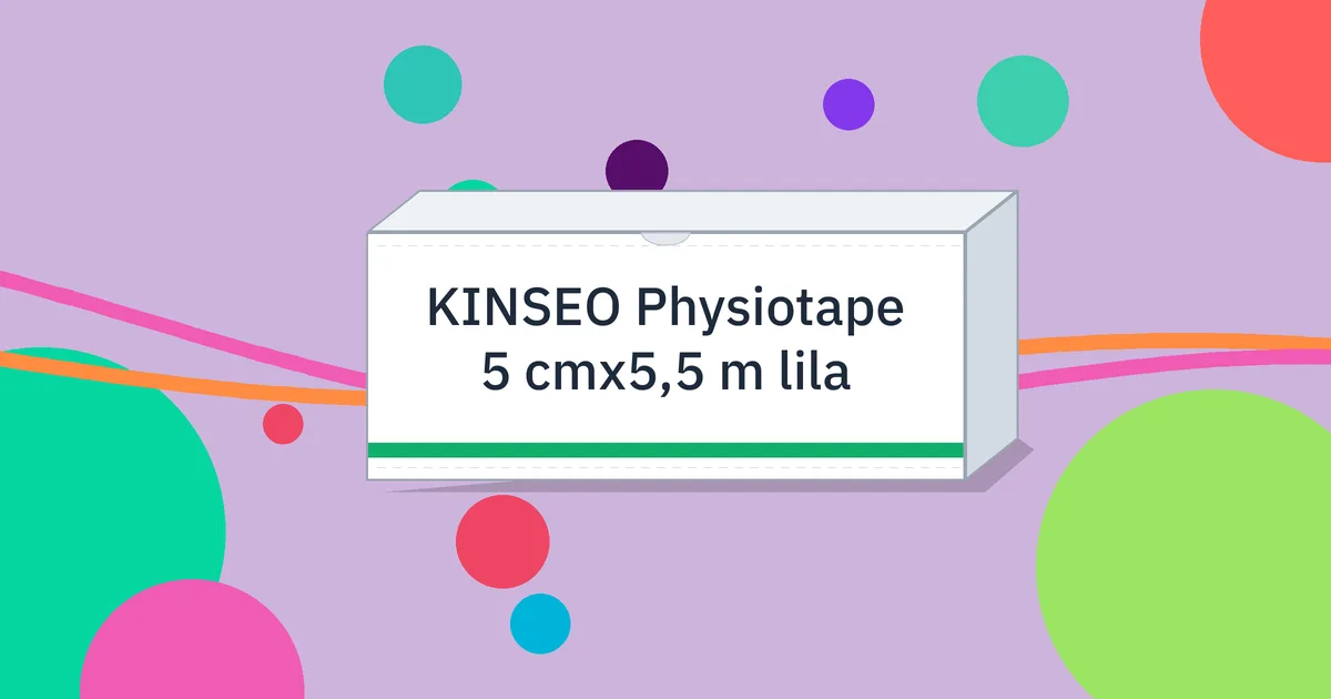Symbolbild: Packung mit der Aufschrift KINSEO Physiotape 5 cmx5,5 m lila (PZN 09190189) – Verfügbarkeit und Bezug in Apotheken in Frankfurt am Main