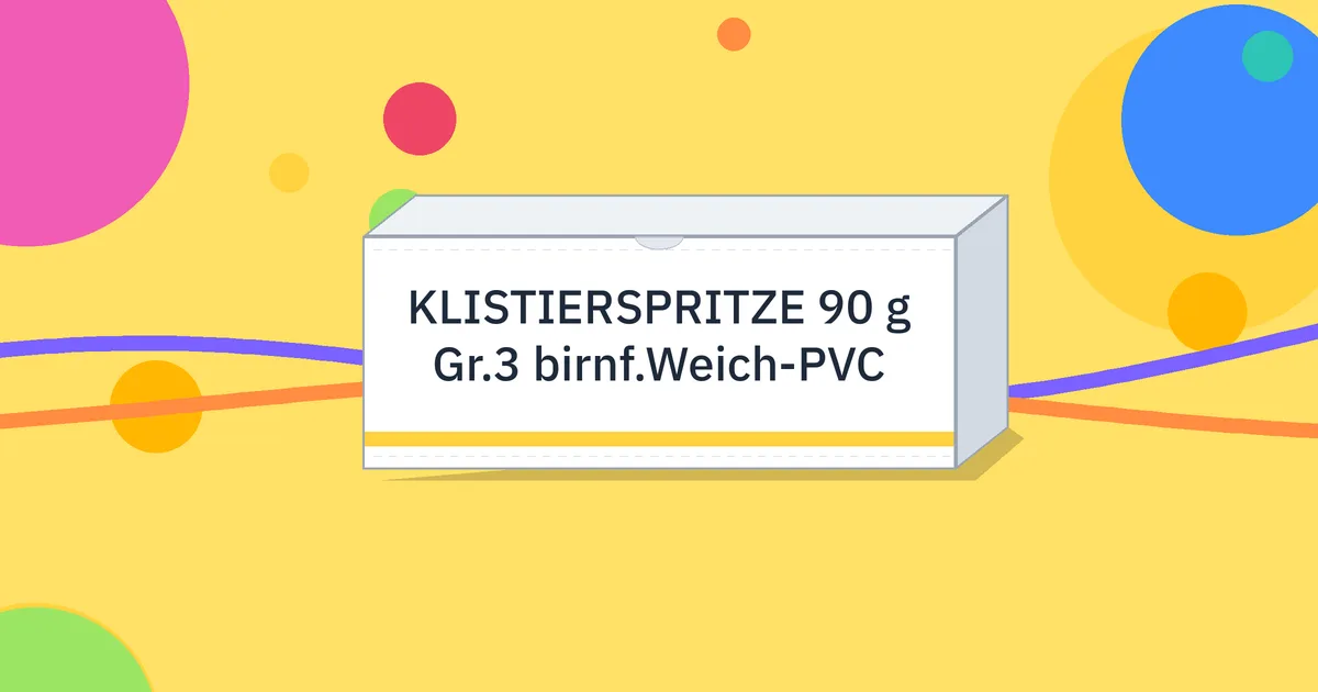 Symbolbild: Packung mit der Aufschrift KLISTIERSPRITZE 90 g Gr.3 birnf.Weich-PVC (PZN 08528396) – Verfügbarkeit und Bezug in Apotheken in Frankfurt am Main