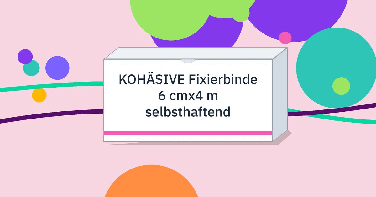 Symbolbild: Packung mit der Aufschrift KOHÄSIVE Fixierbinde 6 cmx4 m selbsthaftend (PZN 17542544) – Verfügbarkeit und Bezug in Apotheken in Frankfurt am Main