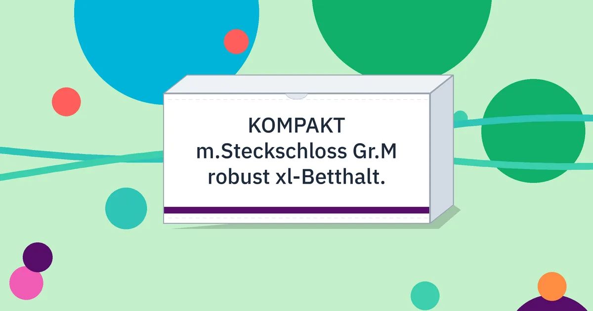Symbolbild: Packung mit der Aufschrift KOMPAKT m.Steckschloss Gr.M robust xl-Betthalt. (PZN 11569016) – Verfügbarkeit und Bezug in Apotheken in Frankfurt am Main