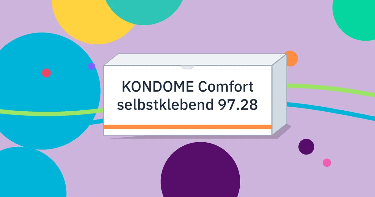 Symbolbild: Packung mit der Aufschrift KONDOME Comfort selbstklebend 97.28 (PZN 00590711) – Verfügbarkeit und Bezug in Apotheken in Frankfurt am Main