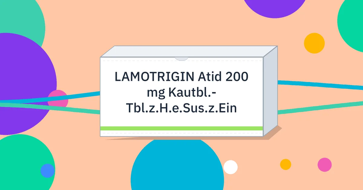 Symbolbild: Packung mit der Aufschrift LAMOTRIGIN Atid 200 mg Kautbl.-Tbl.z.H.e.Sus.z.Ein (PZN 04306546) – Verfügbarkeit und Bezug in Apotheken in Frankfurt am Main