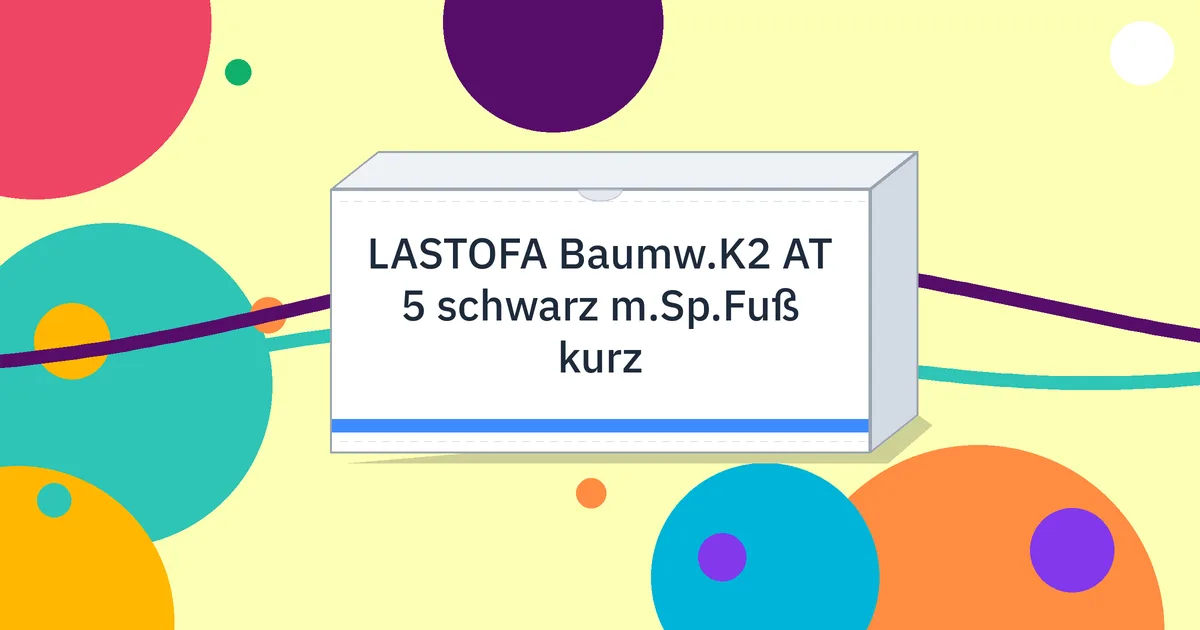 Symbolbild: Packung mit der Aufschrift LASTOFA Baumw.K2 AT 5 schwarz m.Sp.Fuß kurz (PZN 01950689) – Verfügbarkeit und Bezug in Apotheken in Frankfurt am Main