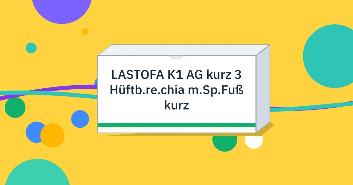 Symbolbild: Packung mit der Aufschrift LASTOFA K1 AG kurz 3 Hüftb.re.chia m.Sp.Fuß kurz (PZN 13797945) – Verfügbarkeit und Bezug in Apotheken in Frankfurt am Main