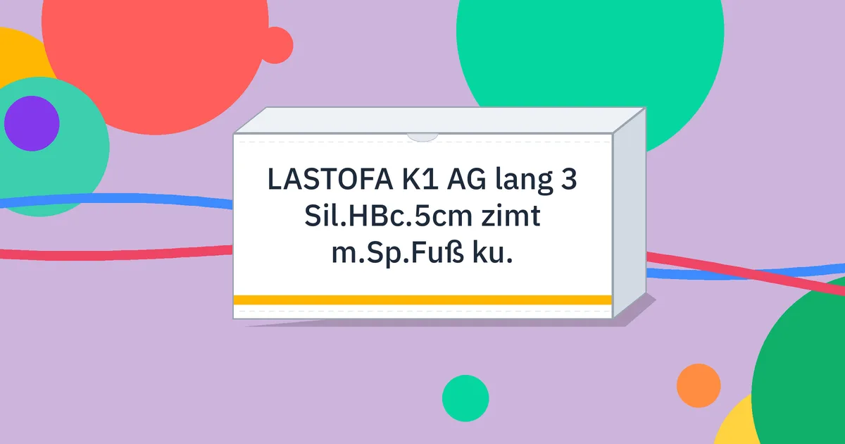 Symbolbild: Packung mit der Aufschrift LASTOFA K1 AG lang 3 Sil.HBc.5cm zimt m.Sp.Fuß ku. (PZN 13790794) – Verfügbarkeit und Bezug in Apotheken in Frankfurt am Main