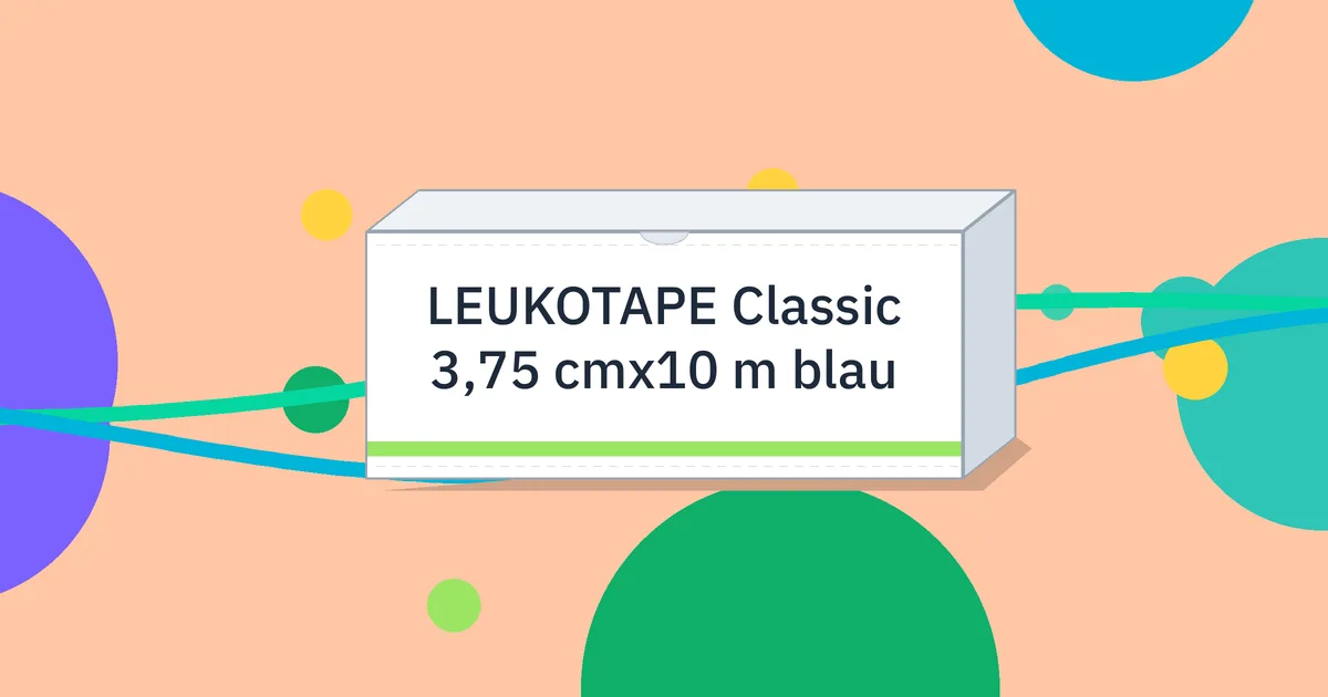 Symbolbild: Packung mit der Aufschrift LEUKOTAPE Classic 3,75 cmx10 m blau (PZN 05384028) – Verfügbarkeit und Bezug in Apotheken in Frankfurt am Main