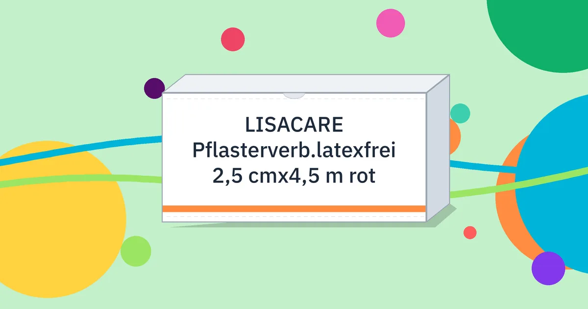 Symbolbild: Packung mit der Aufschrift LISACARE Pflasterverb.latexfrei 2,5 cmx4,5 m rot (PZN 18324720) – Verfügbarkeit und Bezug in Apotheken in Frankfurt am Main