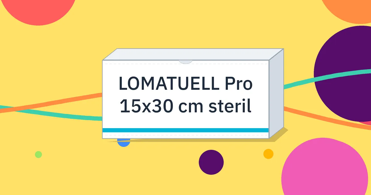 Symbolbild: Packung mit der Aufschrift LOMATUELL Pro 15x30 cm steril (PZN 19813094) – Verfügbarkeit und Bezug in Apotheken in Frankfurt am Main