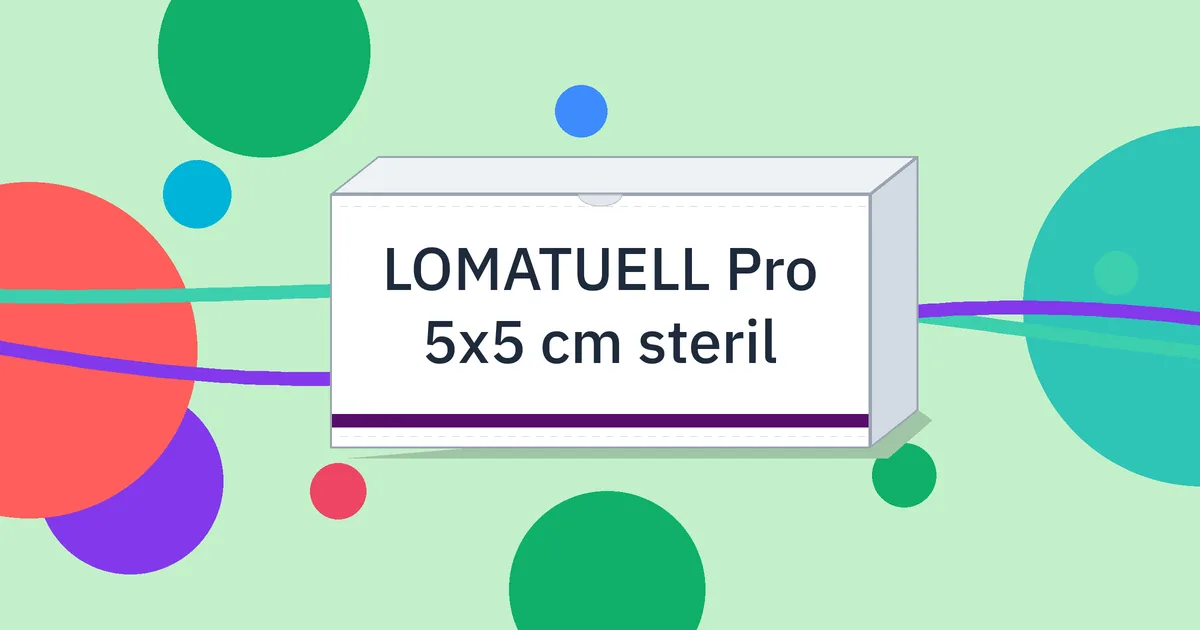 Symbolbild: Packung mit der Aufschrift LOMATUELL Pro 5x5 cm steril (PZN 20276448) – Verfügbarkeit und Bezug in Apotheken in Frankfurt am Main