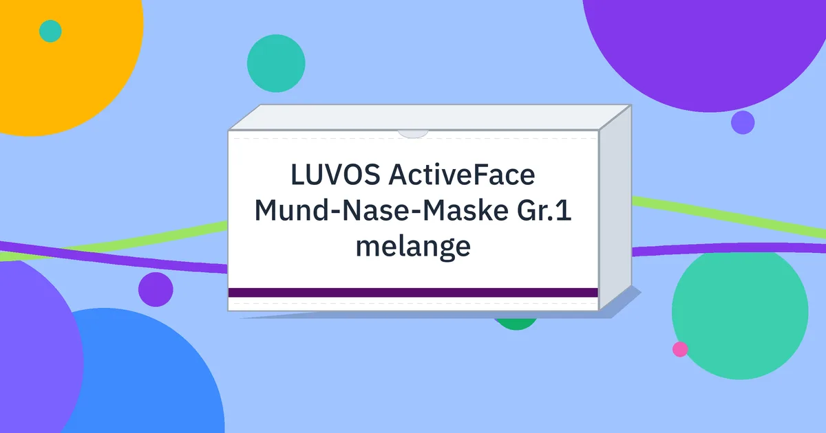 Symbolbild: Packung mit der Aufschrift LUVOS ActiveFace Mund-Nase-Maske Gr.1 melange (PZN 16679850) – Verfügbarkeit und Bezug in Apotheken in Frankfurt am Main