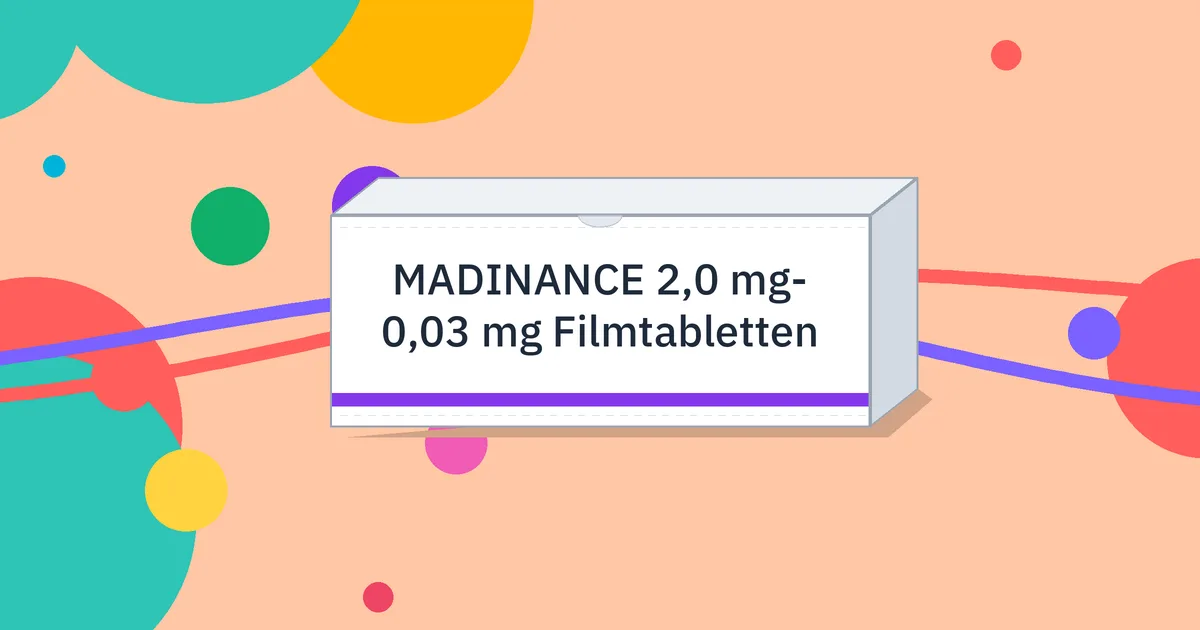 Symbolbild: Packung mit der Aufschrift MADINANCE 2,0 mg-0,03 mg Filmtabletten (PZN 10394968) – Verfügbarkeit und Bezug in Apotheken in Frankfurt am Main
