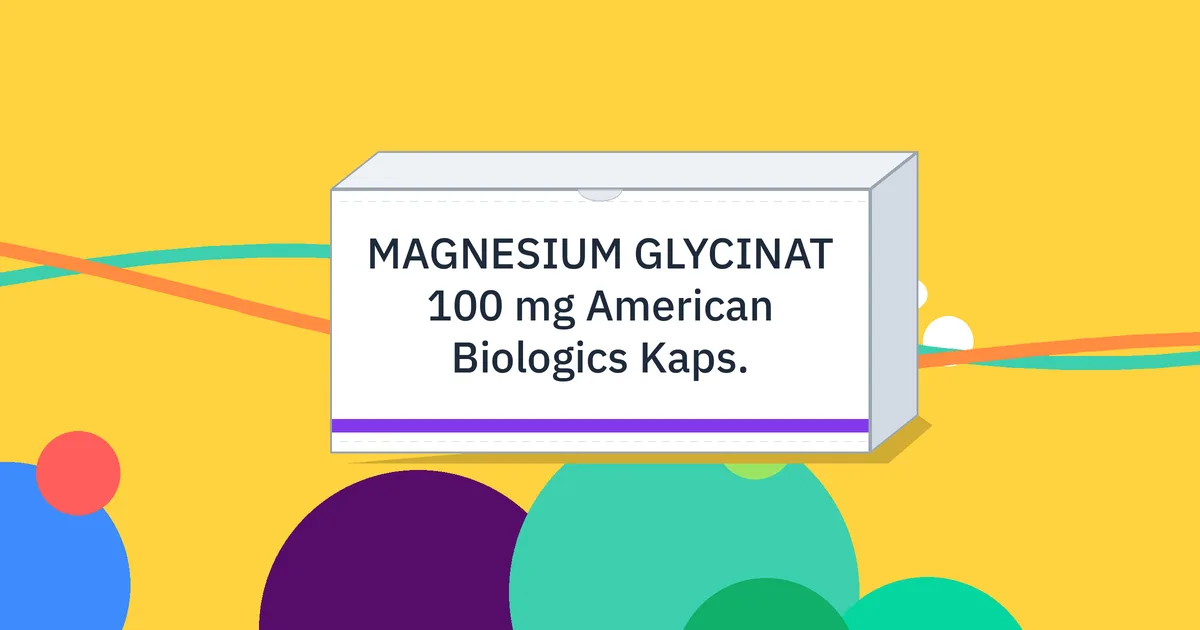 Symbolbild: Packung mit der Aufschrift MAGNESIUM GLYCINAT 100 mg American Biologics Kaps. (PZN 16730781) – Verfügbarkeit und Bezug in Apotheken in Frankfurt am Main