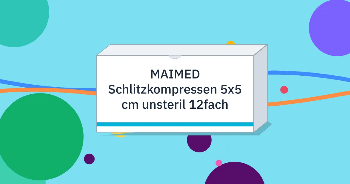 Symbolbild: Packung mit der Aufschrift MAIMED Schlitzkompressen 5x5 cm unsteril 12fach (PZN 02299859) – Verfügbarkeit und Bezug in Apotheken in Frankfurt am Main