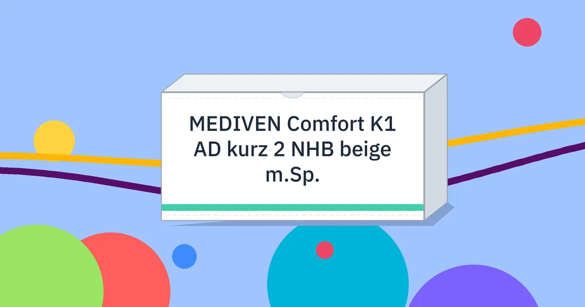 Symbolbild: Packung mit der Aufschrift MEDIVEN Comfort K1 AD kurz 2 NHB beige m.Sp. (PZN 14556830) – Verfügbarkeit und Bezug in Apotheken in Frankfurt am Main