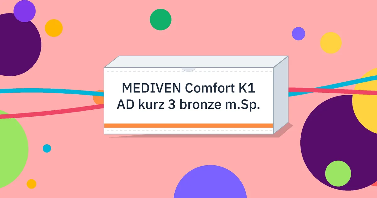 Symbolbild: Packung mit der Aufschrift MEDIVEN Comfort K1 AD kurz 3 bronze m.Sp. (PZN 14563014) – Verfügbarkeit und Bezug in Apotheken in Frankfurt am Main