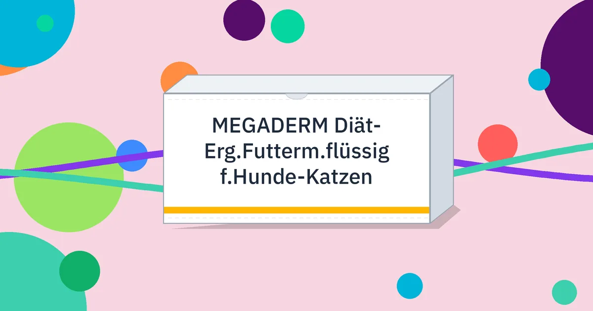 Symbolbild: Packung mit der Aufschrift MEGADERM Diät-Erg.Futterm.flüssig f.Hunde-Katzen (PZN 20635918) – Verfügbarkeit und Bezug in Apotheken in Frankfurt am Main