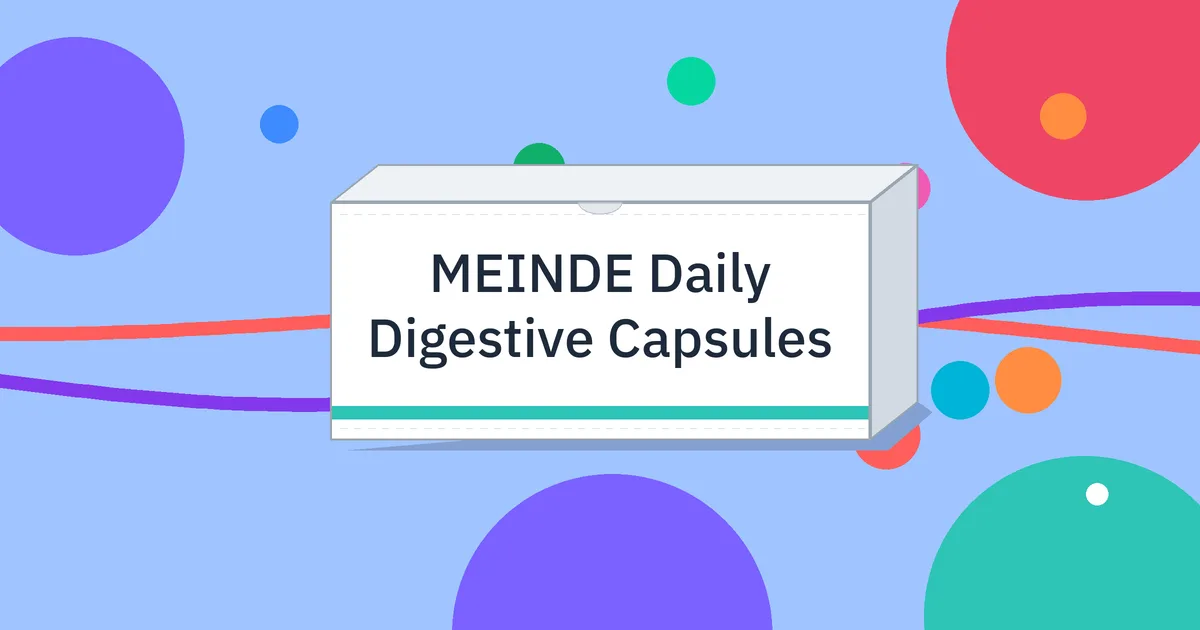 Symbolbild: Packung mit der Aufschrift MEINDE Daily Digestive Capsules (PZN 20104457) – Verfügbarkeit und Bezug in Apotheken in Frankfurt am Main
