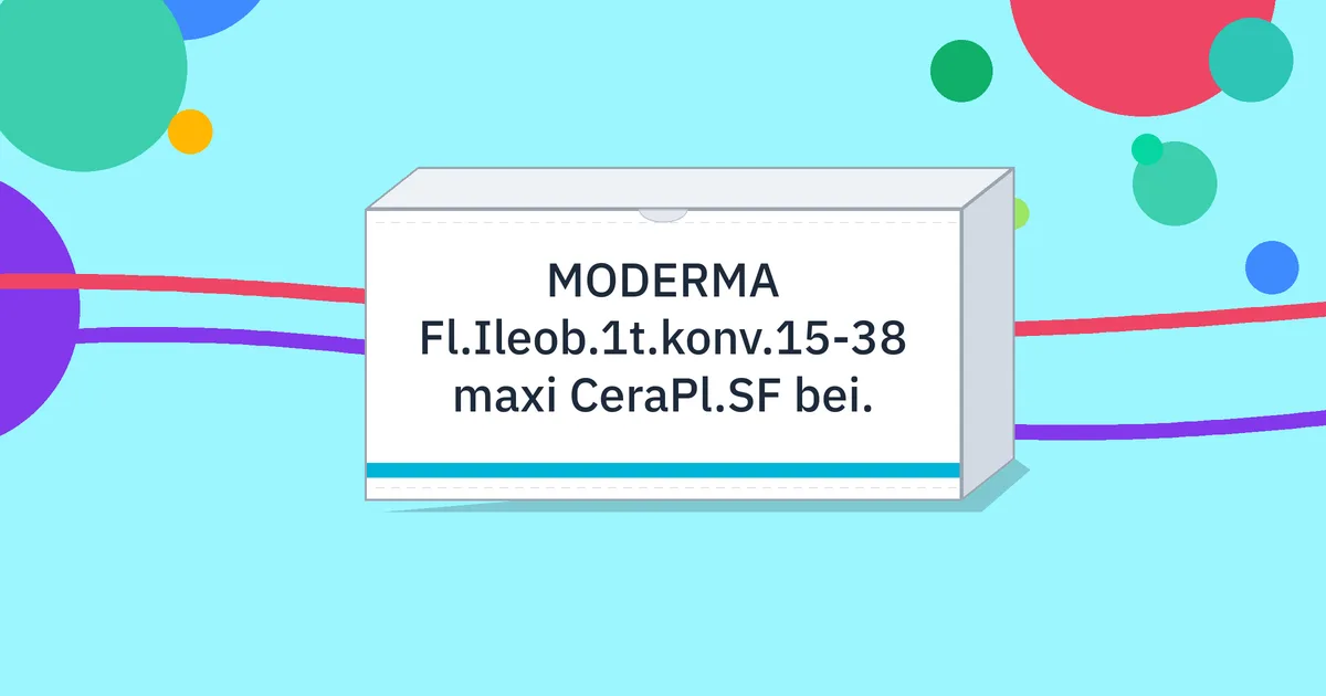 Symbolbild: Packung mit der Aufschrift MODERMA Fl.Ileob.1t.konv.15-38 maxi CeraPl.SF bei. (PZN 18109157) – Verfügbarkeit und Bezug in Apotheken in Frankfurt am Main