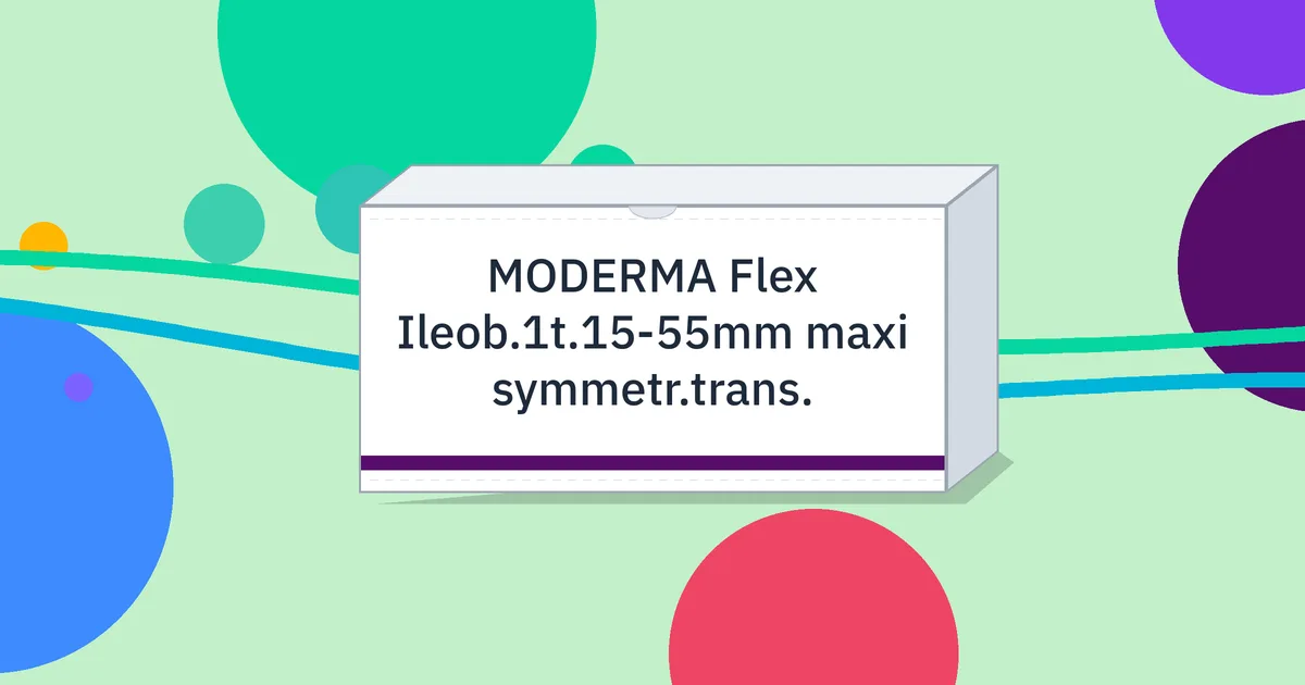 Symbolbild: Packung mit der Aufschrift MODERMA Flex Ileob.1t.15-55mm maxi symmetr.trans. (PZN 00437553) – Verfügbarkeit und Bezug in Apotheken in Frankfurt am Main