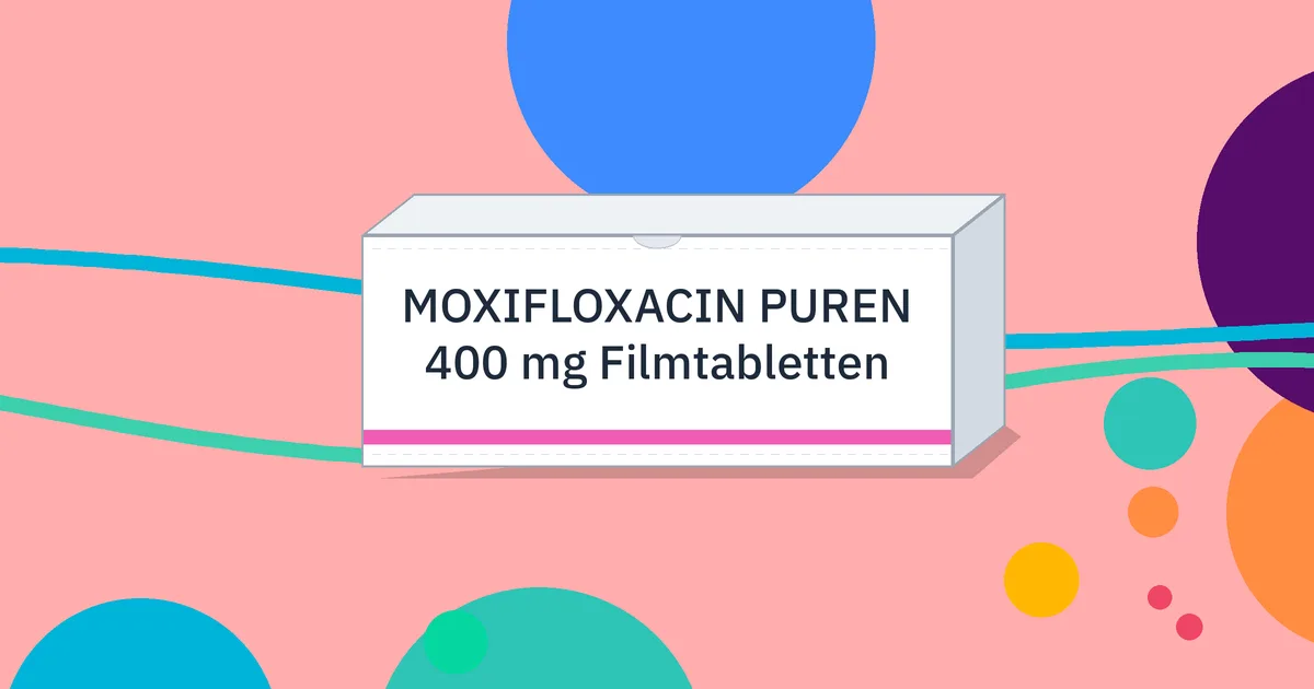 Symbolbild: Packung mit der Aufschrift MOXIFLOXACIN PUREN 400 mg Filmtabletten (PZN 11356579) – Verfügbarkeit und Bezug in Apotheken in Frankfurt am Main