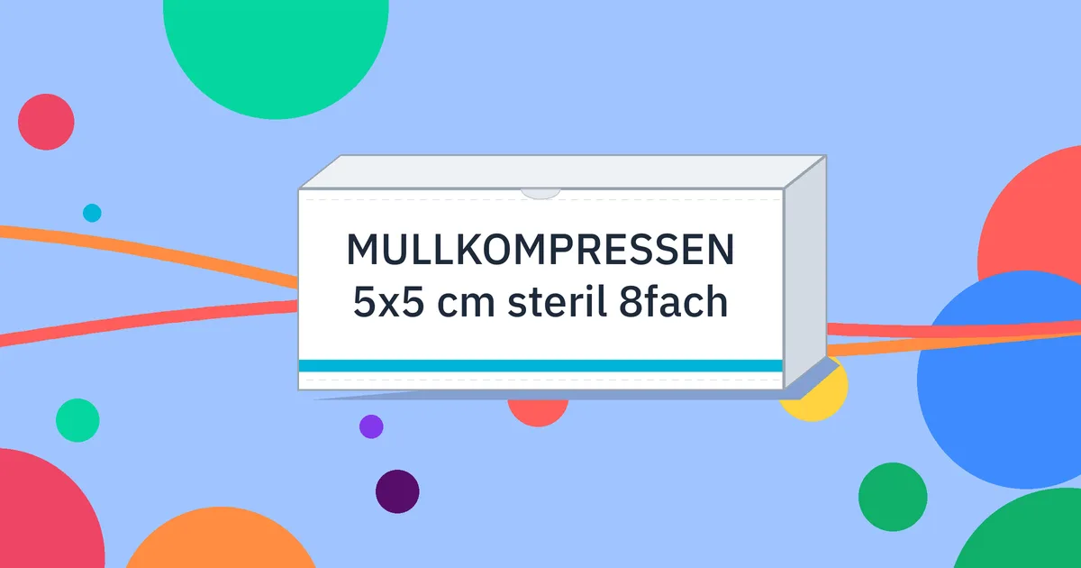 Symbolbild: Packung mit der Aufschrift MULLKOMPRESSEN 5x5 cm steril 8fach (PZN 13585367) – Verfügbarkeit und Bezug in Apotheken in Frankfurt am Main