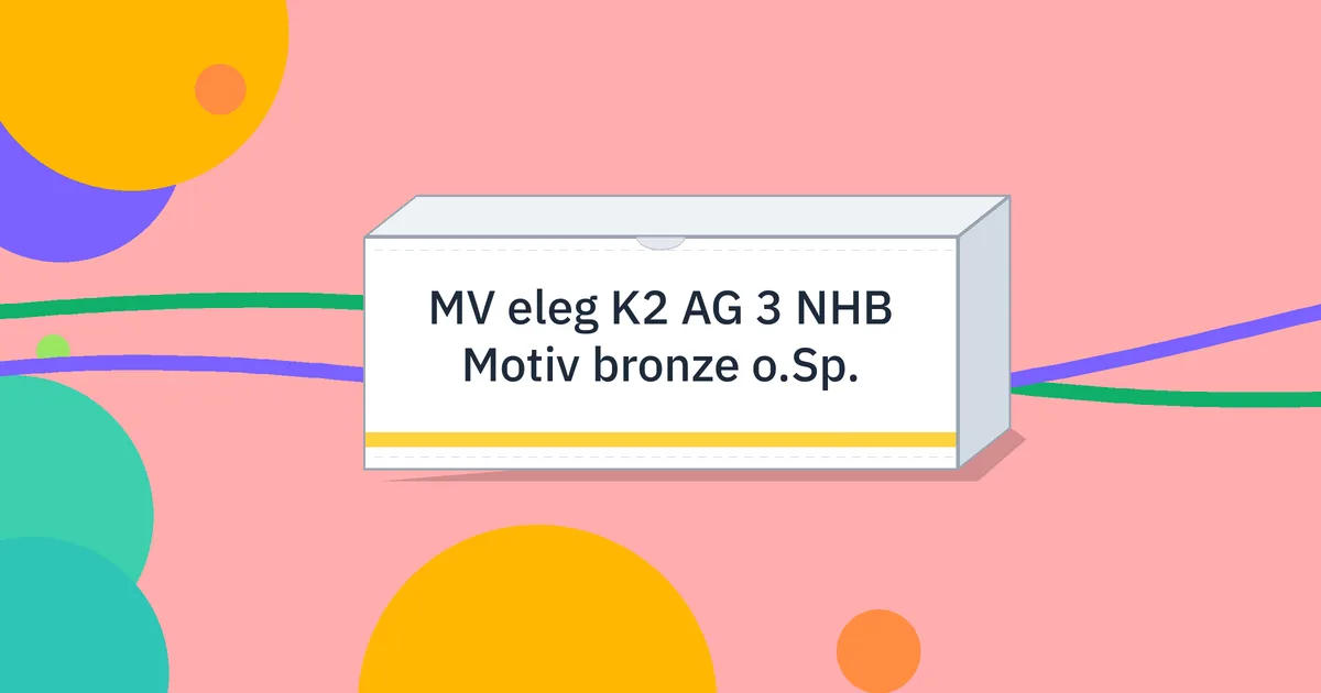 Symbolbild: Packung mit der Aufschrift MV eleg K2 AG 3 NHB Motiv bronze o.Sp. (PZN 15722242) – Verfügbarkeit und Bezug in Apotheken in Frankfurt am Main