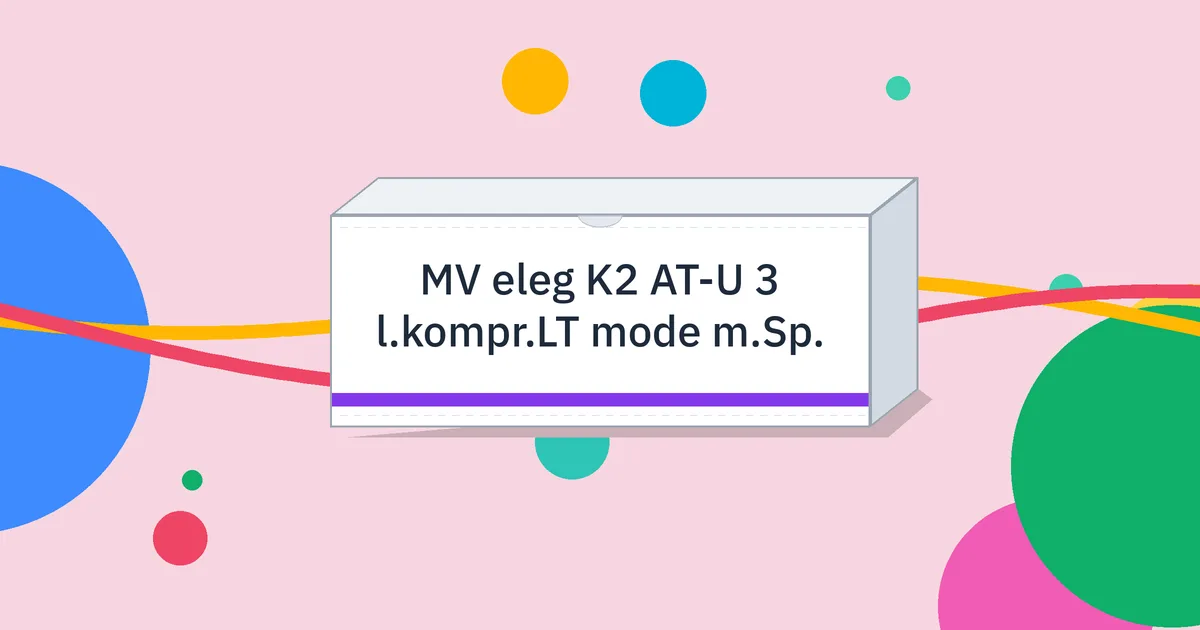 Symbolbild: Packung mit der Aufschrift MV eleg K2 AT-U 3 l.kompr.LT mode m.Sp. (PZN 06191136) – Verfügbarkeit und Bezug in Apotheken in Frankfurt am Main