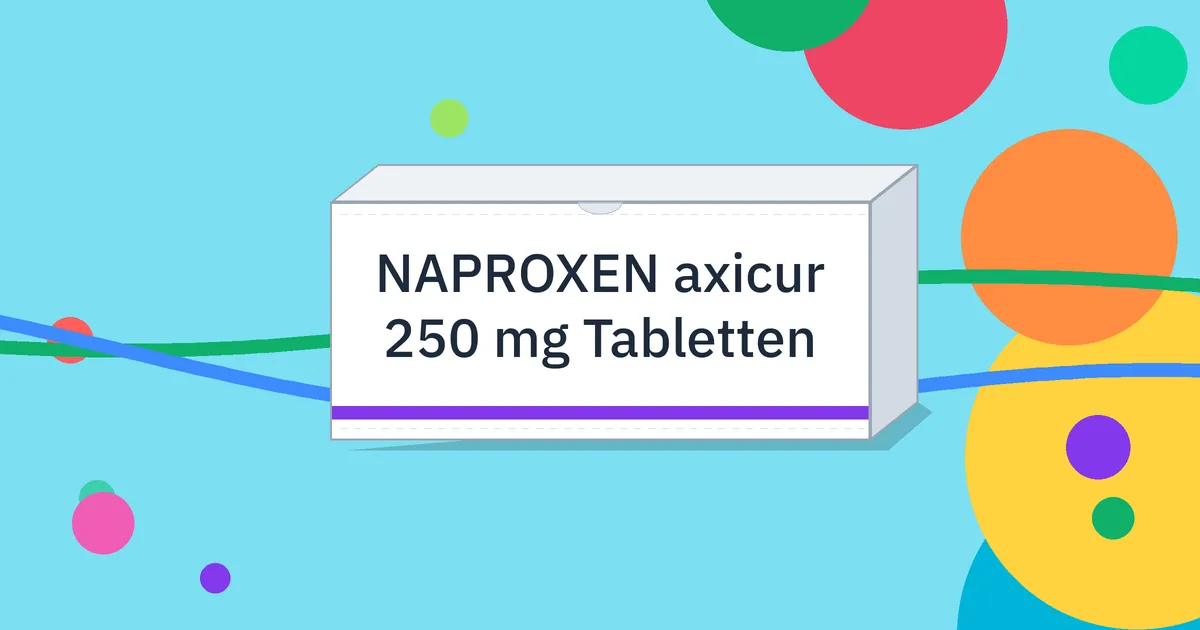 Symbolbild: Packung mit der Aufschrift NAPROXEN axicur 250 mg Tabletten (PZN 14412120) – Verfügbarkeit und Bezug in Apotheken in Frankfurt am Main