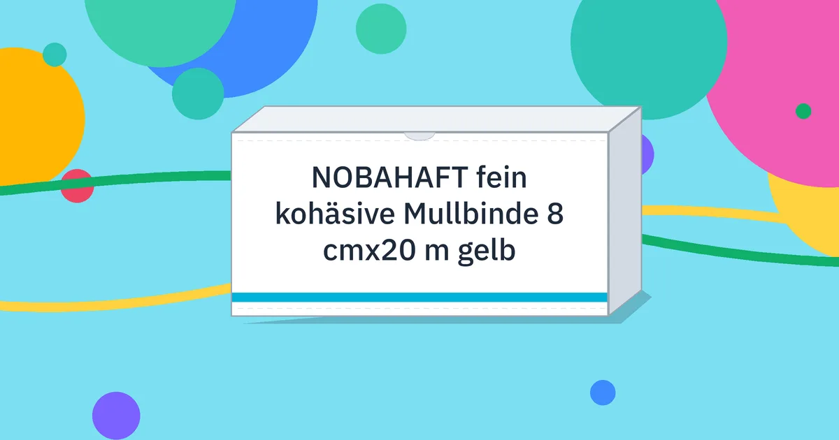 Symbolbild: Packung mit der Aufschrift NOBAHAFT fein kohäsive Mullbinde 8 cmx20 m gelb (PZN 01238778) – Verfügbarkeit und Bezug in Apotheken in Frankfurt am Main