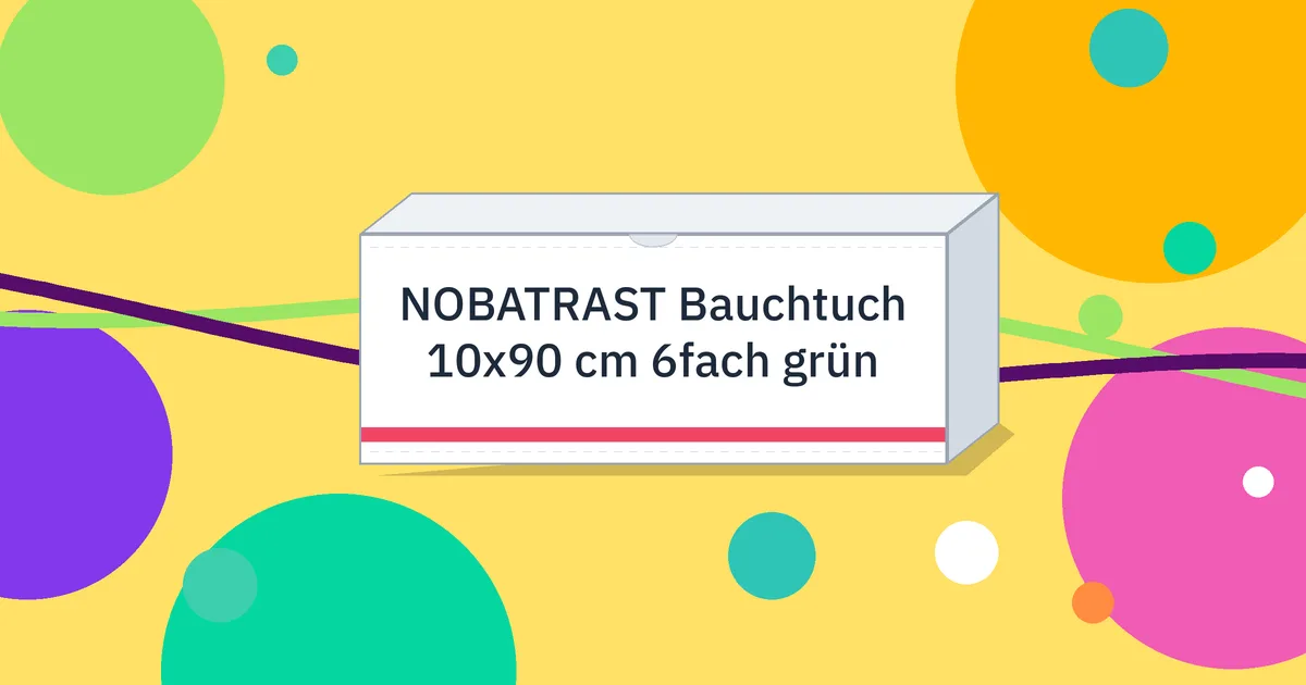 Symbolbild: Packung mit der Aufschrift NOBATRAST Bauchtuch 10x90 cm 6fach grün (PZN 08405452) – Verfügbarkeit und Bezug in Apotheken in Frankfurt am Main