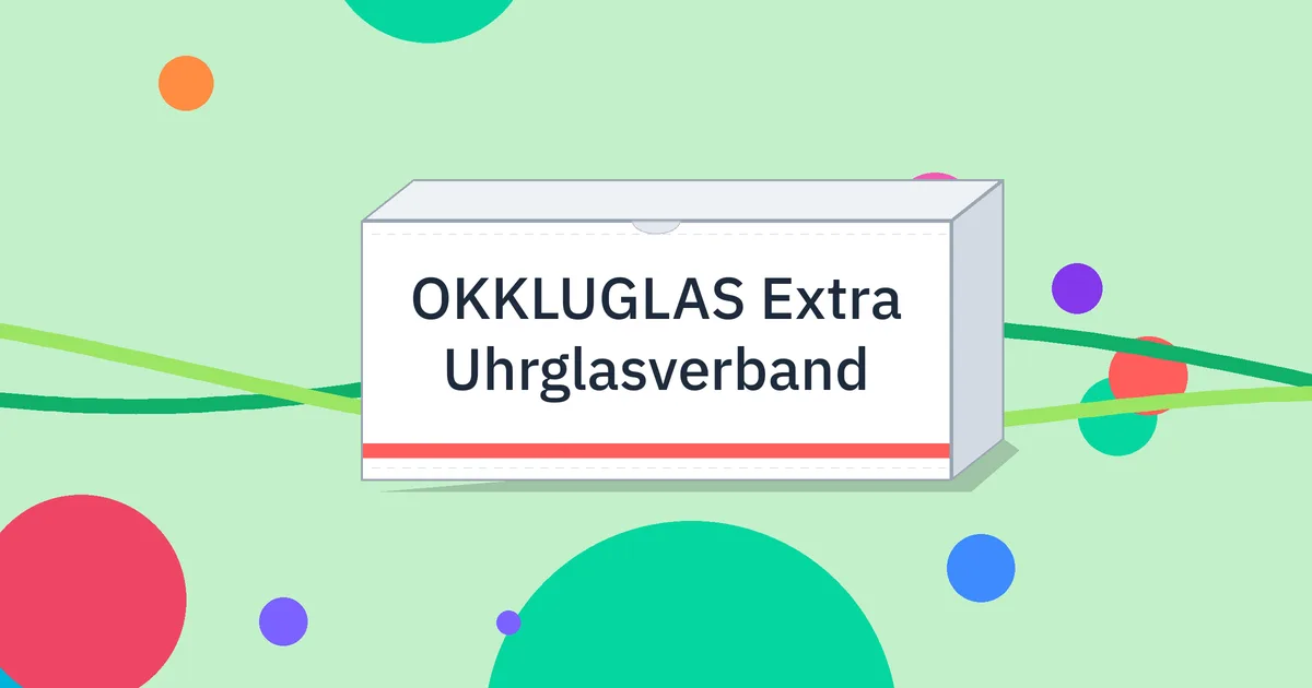 Symbolbild: Packung mit der Aufschrift OKKLUGLAS Extra Uhrglasverband (PZN 07316841) – Verfügbarkeit und Bezug in Apotheken in Frankfurt am Main