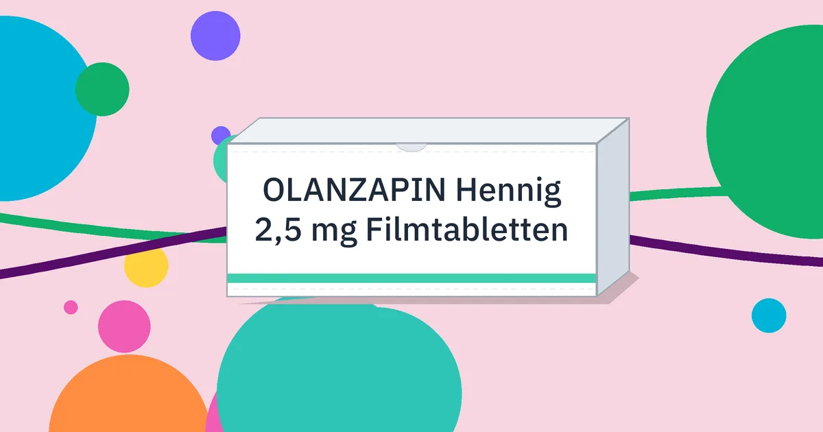 Symbolbild: Packung mit der Aufschrift OLANZAPIN Hennig 2,5 mg Filmtabletten (PZN 08913148) – Verfügbarkeit und Bezug in Apotheken in Frankfurt am Main