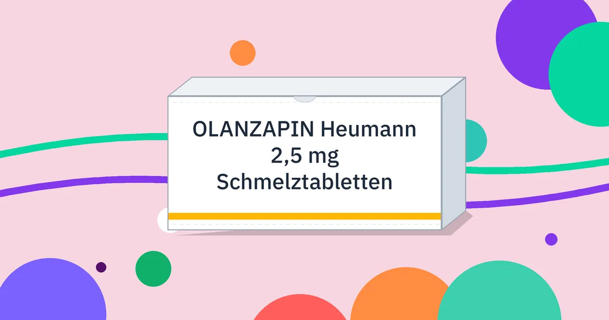 Symbolbild: Packung mit der Aufschrift OLANZAPIN Heumann 2,5 mg Schmelztabletten (PZN 08850399) – Verfügbarkeit und Bezug in Apotheken in Frankfurt am Main