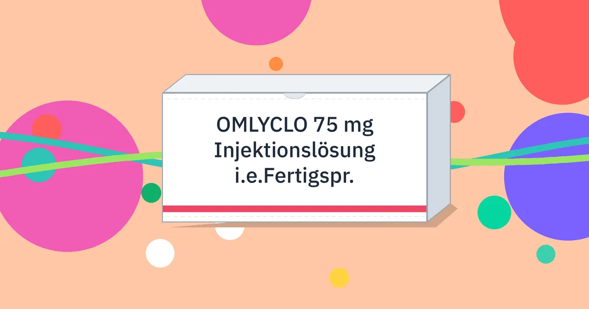 Symbolbild: Packung mit der Aufschrift OMLYCLO 75 mg Injektionslösung i.e.Fertigspr. (PZN 20312888) – Verfügbarkeit und Bezug in Apotheken in Frankfurt am Main